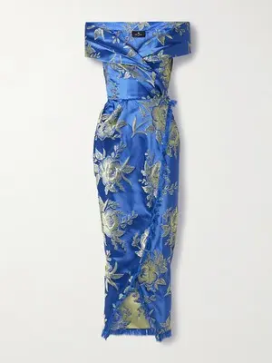 Etro Off-the-shoulder Fringed Floral-brocade Midi Wrap Dress - Blue
