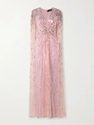 Jenny Packham Gold Rush Embellished Cape-effect Tulle Gown