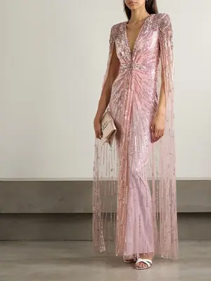 Jenny Packham Gold Rush Embellished Cape-effect Tulle Gown