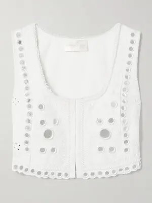 LoveShackFancy Cayman Cropped Embroidered Linen Top - White