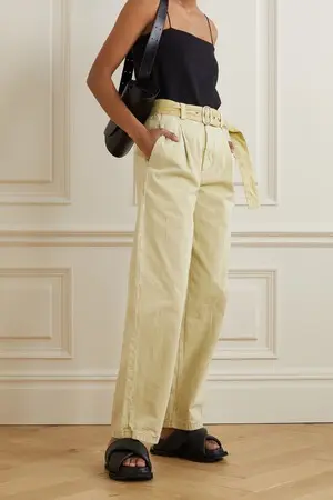 JIL SANDER Belted Pleated Cotton-canvas Straight-leg Trousers