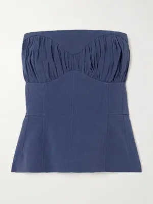 Tove Ruby Gathered Linen-blend Twill Bustier Top - Blue