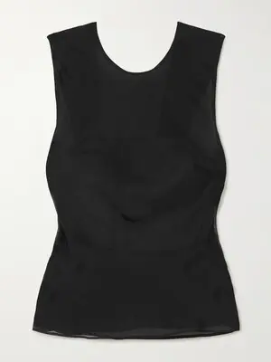 ST. AGNI Ruched Pinstriped Silk-voile Tank