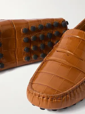 TOD'S Gommino Croc-effect Leather Loafers - Brown