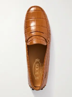 TOD'S Gommino Croc-effect Leather Loafers - Brown