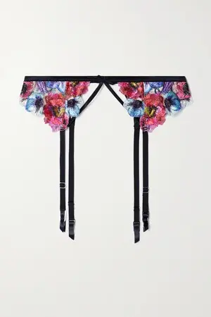 FLEUR DU MAL Tuileries Embroidered Tulle Suspender Belt - Red