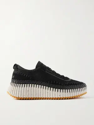 Chloé Nama Embroidered Suede And Recycled-mesh Sneakers - Black