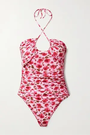 Magda Butrym Cutout Ruched Floral-print Halterneck Swimsuit - Pink