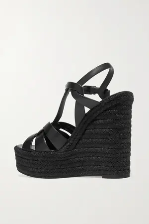 Saint Laurent Tribute Woven Leather Espadrille Wedge Sandals - Black