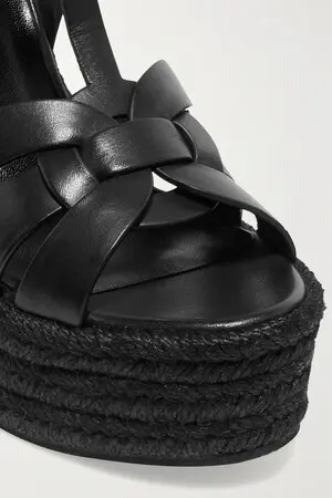 Saint Laurent Tribute Woven Leather Espadrille Wedge Sandals - Black