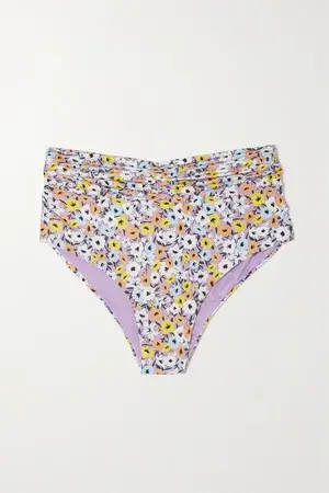 Agua Bendita Ruched Floral-print Recycled Bikini Bottoms - Purple