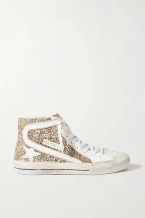 GOLDEN GOOSE Slide Distressed Glittered High-top Sneakers - White