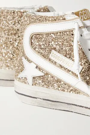 GOLDEN GOOSE Slide Distressed Glittered High-top Sneakers