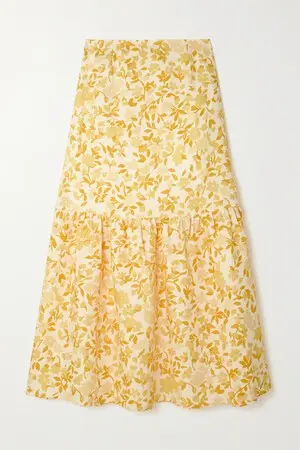 Peony Net Sustain Tiered Floral-print Linen Maxi Skirt - Yellow