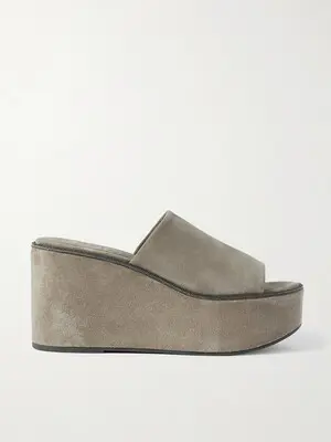 Brunello Cucinelli Bead-embellished Suede Wedge Mules