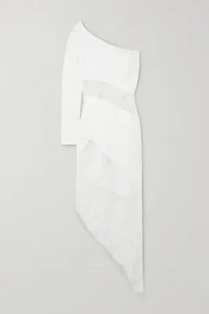 RASARIO Asymmetric One-sleeve Lace-paneled Crepe Midi Dress - White