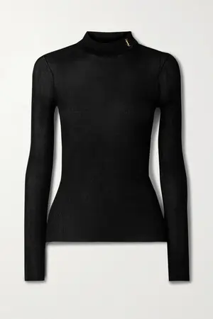 Saint Laurent Ribbed Silk Turtleneck Top - Black