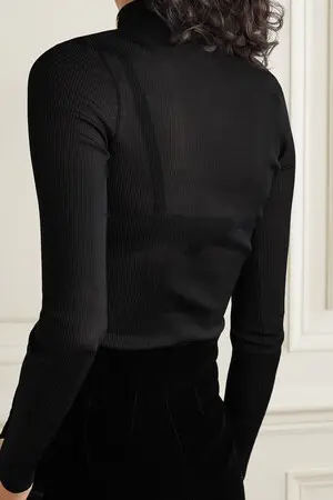 Saint Laurent Ribbed Silk Turtleneck Top - Black