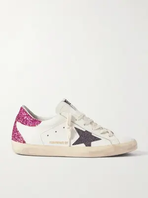 GOLDEN GOOSE Superstar Distressed Glittered Leather Trainers - White