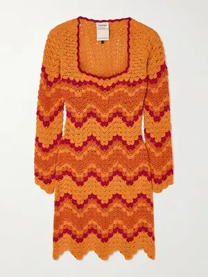 Escvdo Sumac Scalloped Crocheted Cotton Mini Dress - Orange