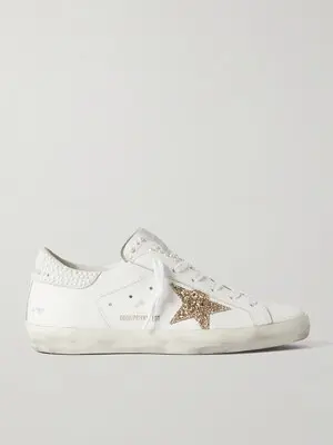 GOLDEN GOOSE Super-star Distressed Glittered Leather Sneakers - White