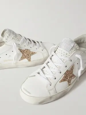 GOLDEN GOOSE Super-star Distressed Glittered Leather Sneakers - White