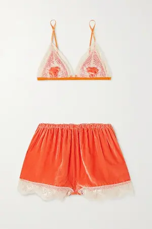 SLEEPING WITH JACQUES Net Sustain Julia Lace-trimmed Silk-blend Satin And Velvet Soft-cup Bra And Shorts Set - Orange