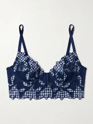 FLEUR DU MAL Lily Embroidered Silk-blend Satin Tulle Underwired Soft-cup Bra - Blue