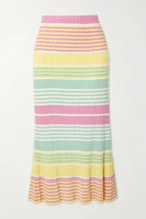 Rixo Kelly Striped Ribbed-knit Midi Skirt