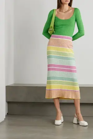 Rixo Kelly Striped Ribbed-knit Midi Skirt