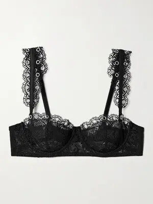 FLEUR DU MAL Embellished Silk-blend Satin-trimmed Corded Lace Underwired Soft-cup Balconette Bra - Black