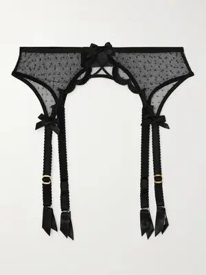 Agent Provocateur Katanah Scalloped Satin-trimmed Swiss-dot Tulle Suspenders - Black