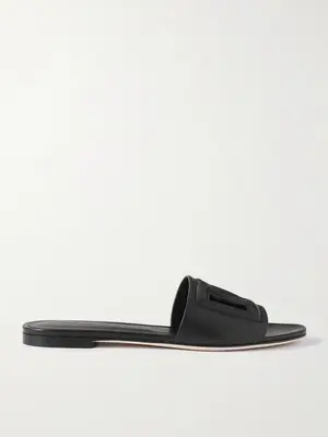 Dolce & Gabbana Bianca Logo-embossed Cutout Leather Slides - Black