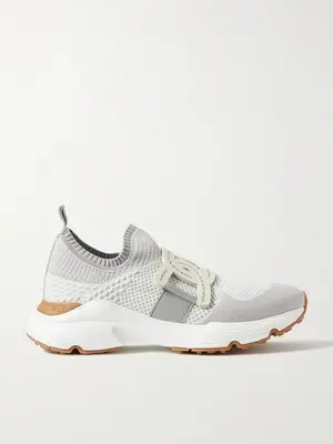 TOD'S Chain-link Embellished Stretch-knit Slip-on Sneakers - Gray