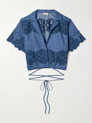 Miguelina Brooklyn Guipure Lace-trimmed Cotton-chambray Wrap Top - Blue