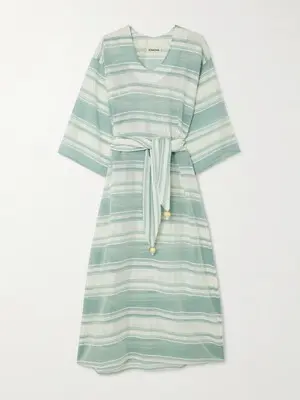 ADMONA Tala Belted Embellished Striped Gauze Coverup - Blue