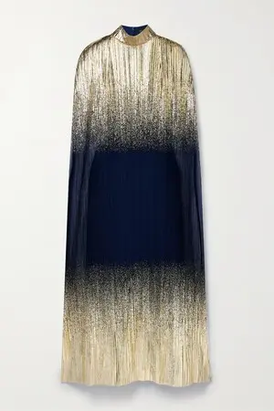 DIMA AYAD Metallic Plissé-tulle Gown And Cape Set - Blue