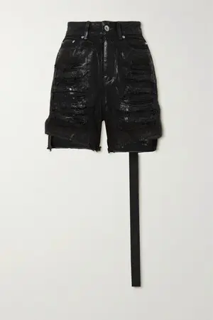 Rick Owens Distressed Metallic Coated-denim Shorts