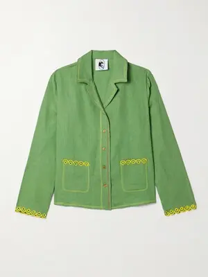 Sleeper Petra Embroidered Linen Pajama Shirt - Green