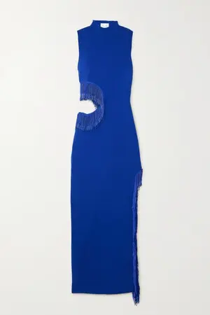 Galvan Nova Beaded Fringed Cutout Jersey Gown - Blue
