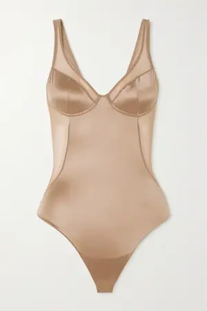 Spanx Shaping Mesh-trimmed Stretch-satin Thong Bodysuit - Neutrals