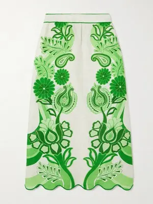 Farm Rio Scalloped Printed Linen Midi Skirt - Green