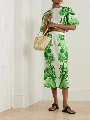 Farm Rio Scalloped Printed Linen Midi Skirt