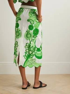 Farm Rio Scalloped Printed Linen Midi Skirt