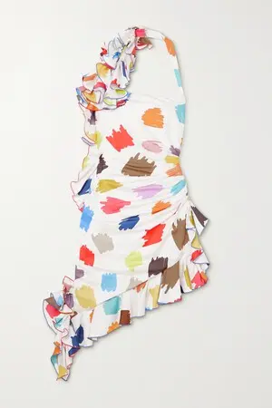 Halpern Asymmetric Ruffled Printed Mini Dress - White