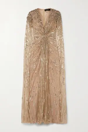 Jenny Packham Lotus Cape-effect Embellished Sequined Tulle Gown - Gold