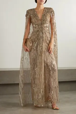 Jenny Packham Lotus Cape-effect Embellished Sequined Tulle Gown