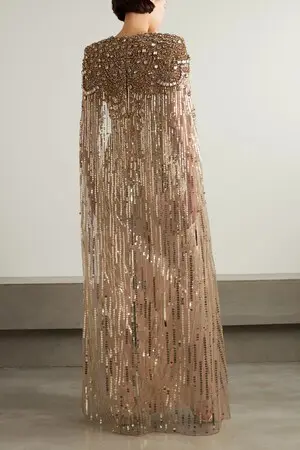 Jenny Packham Lotus Cape-effect Embellished Sequined Tulle Gown