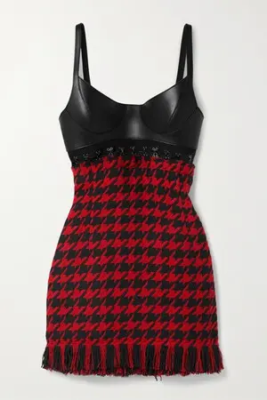 Monse Leather-trimmed Fringed Knitted Mini Dress