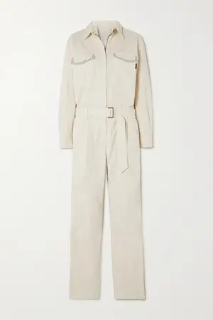 Brunello Cucinelli Belted Bead-embellished Cotton-blend Drill Jumpsuit - Cream